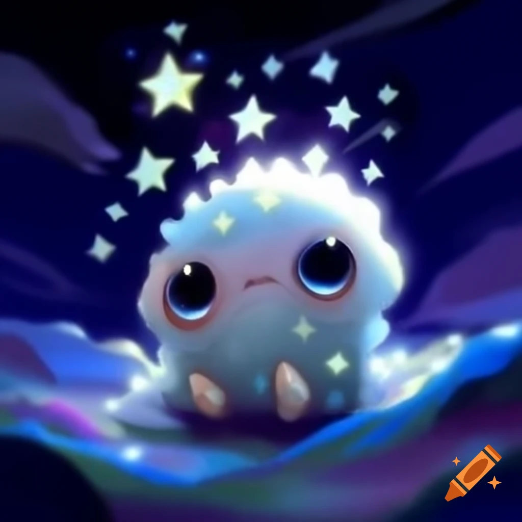 Whimsical fiber creature with starry eyes in vibrant dreamscape on Craiyon