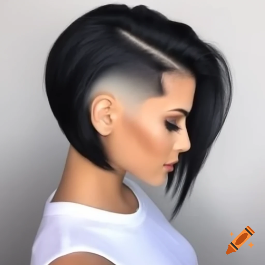 Woman with stylish thick undercut angled bob haircut and shaved nape on ...