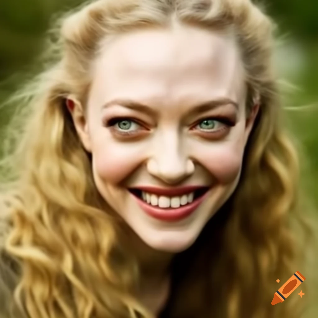 Amanda seyfried smiling with curly blonde hair and green eyes in natural setting on Craiyon