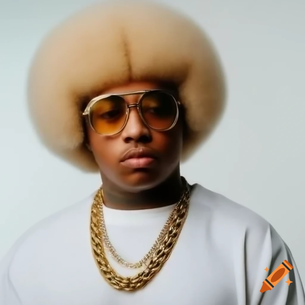 White rapper with afro hairstyle wearing gold chain, relaxed pose on ...