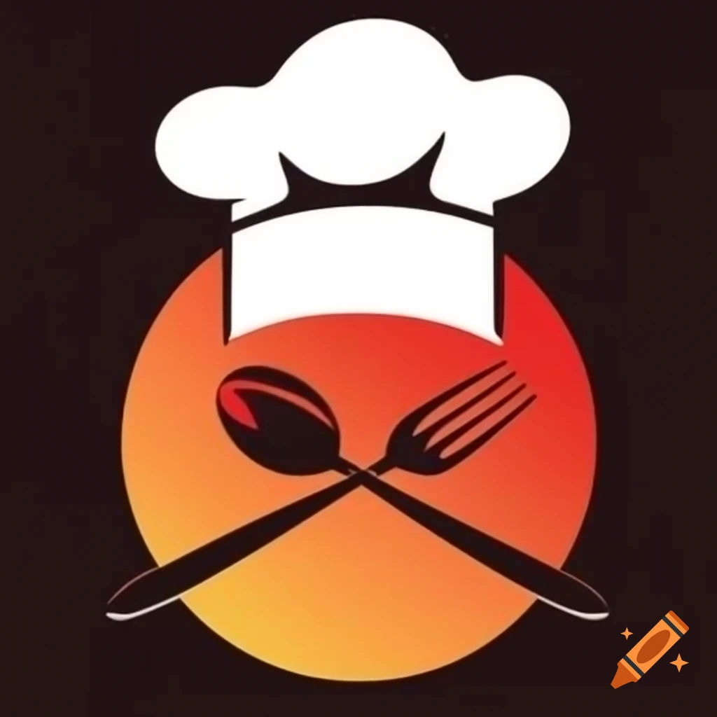Stylized chef's hat design with utensils in red and orange colors on ...