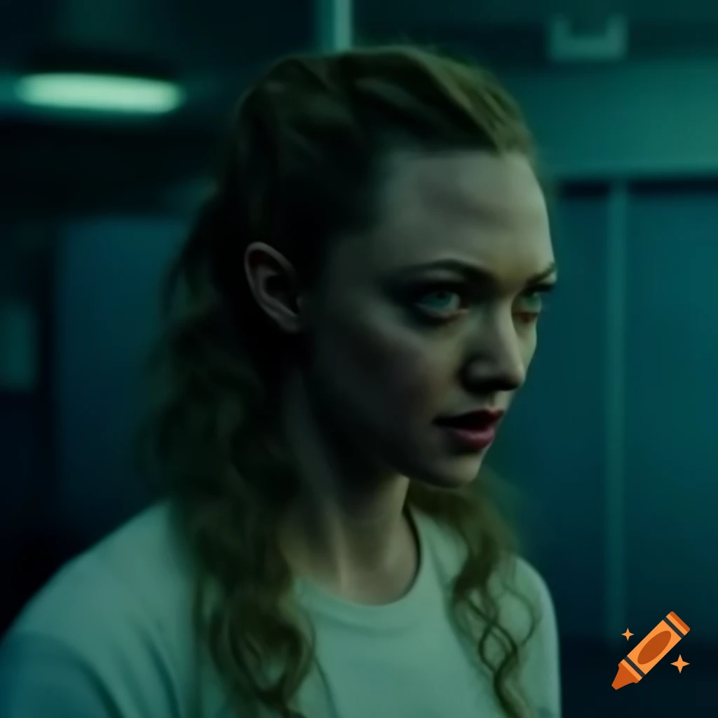 Amanda Seyfried with curly hair in ponytail, green eyes, determined ...