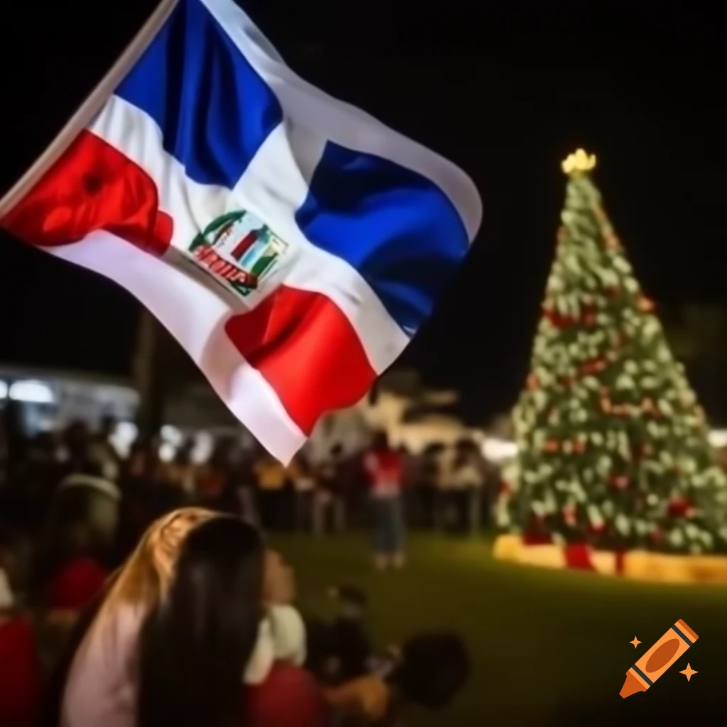 Dominican Republic flag, palm trees, and Christmas tree for holiday ...