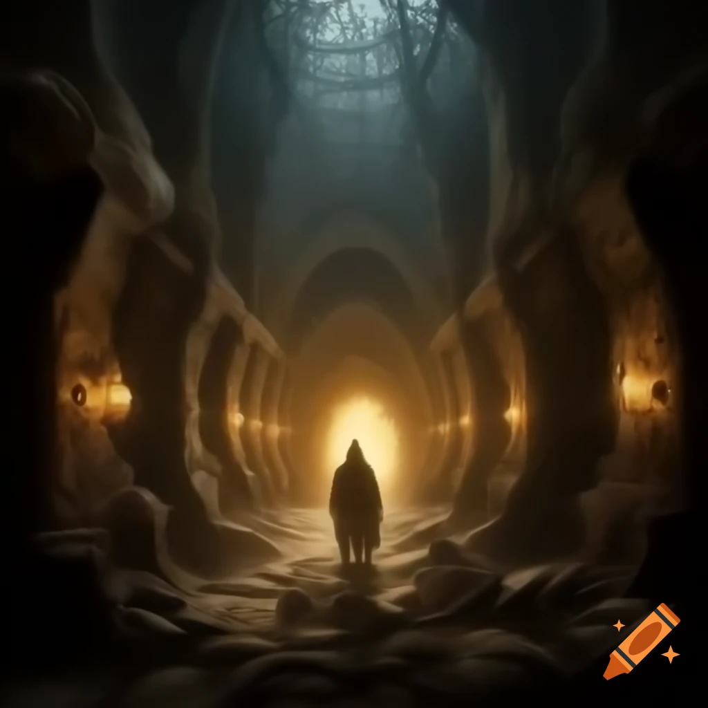 Mysterious figure exploring intricate dungeon corridors illuminated by ...