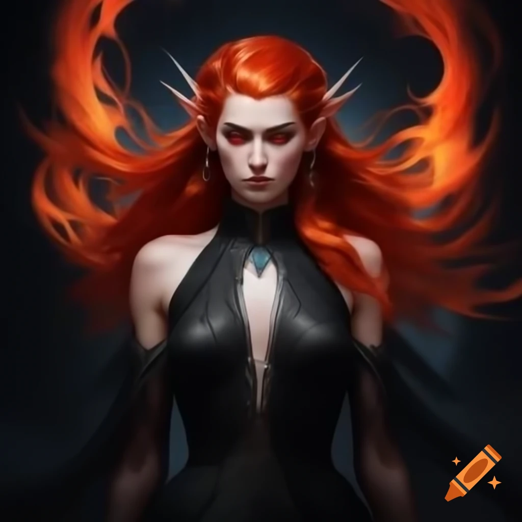 Elven sorceress with red hair in black gown channeling arcane energy on ...