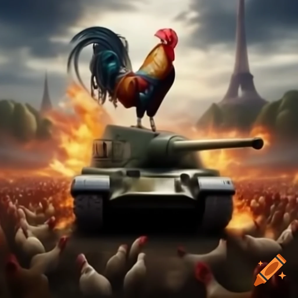 Rooster on Soviet tank defending territory with chickens and Eiffel ...