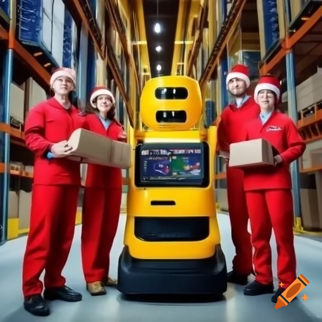 Engineers in Christmas suits with Amazon robotics robot and festive ...