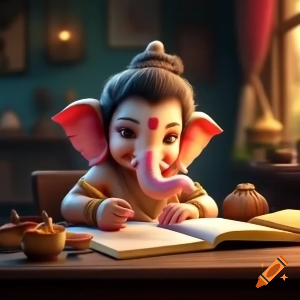 Child Ganesha studying with focus and concentration on Craiyon