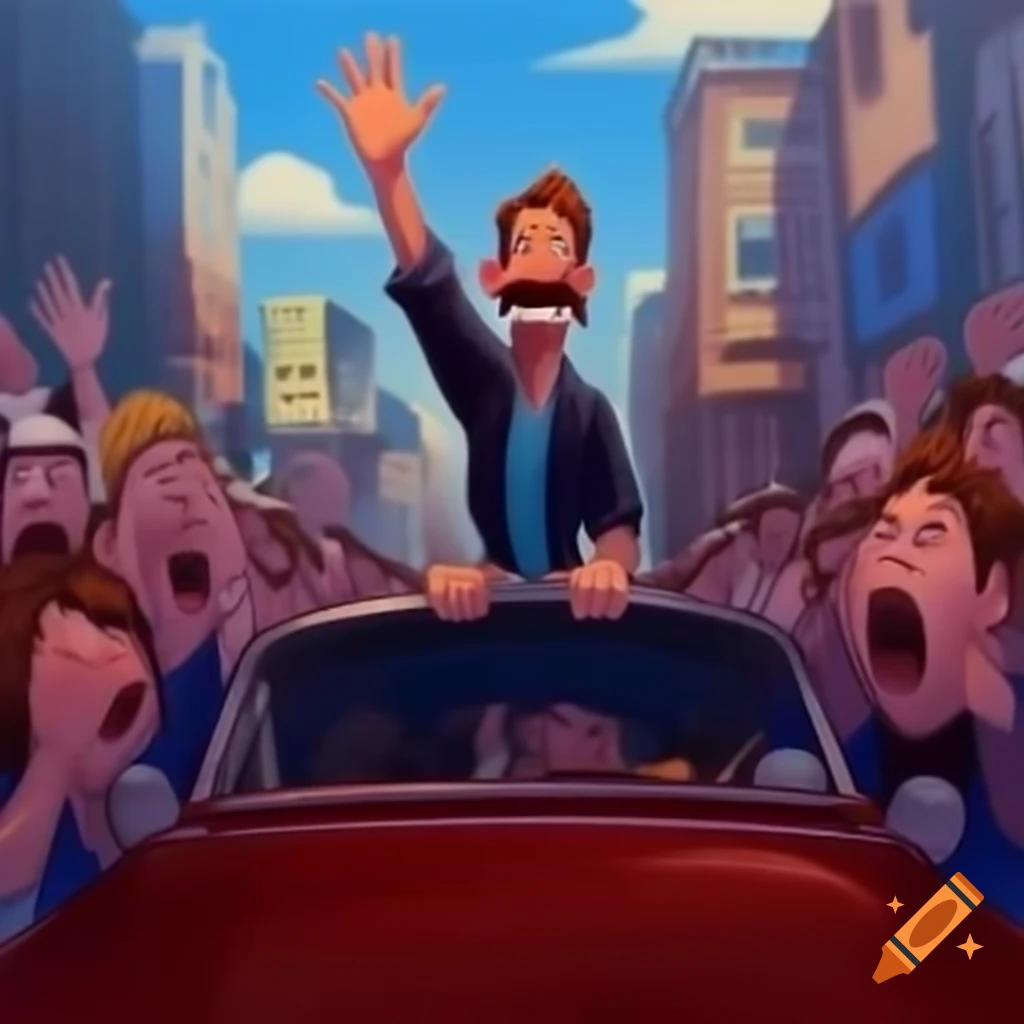 Man waving to fans from car rooftop after movie screening, animated ...