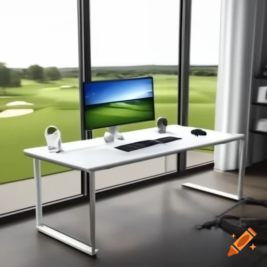 White glass desk with 27-inch computer screen overlooking a golf course ...
