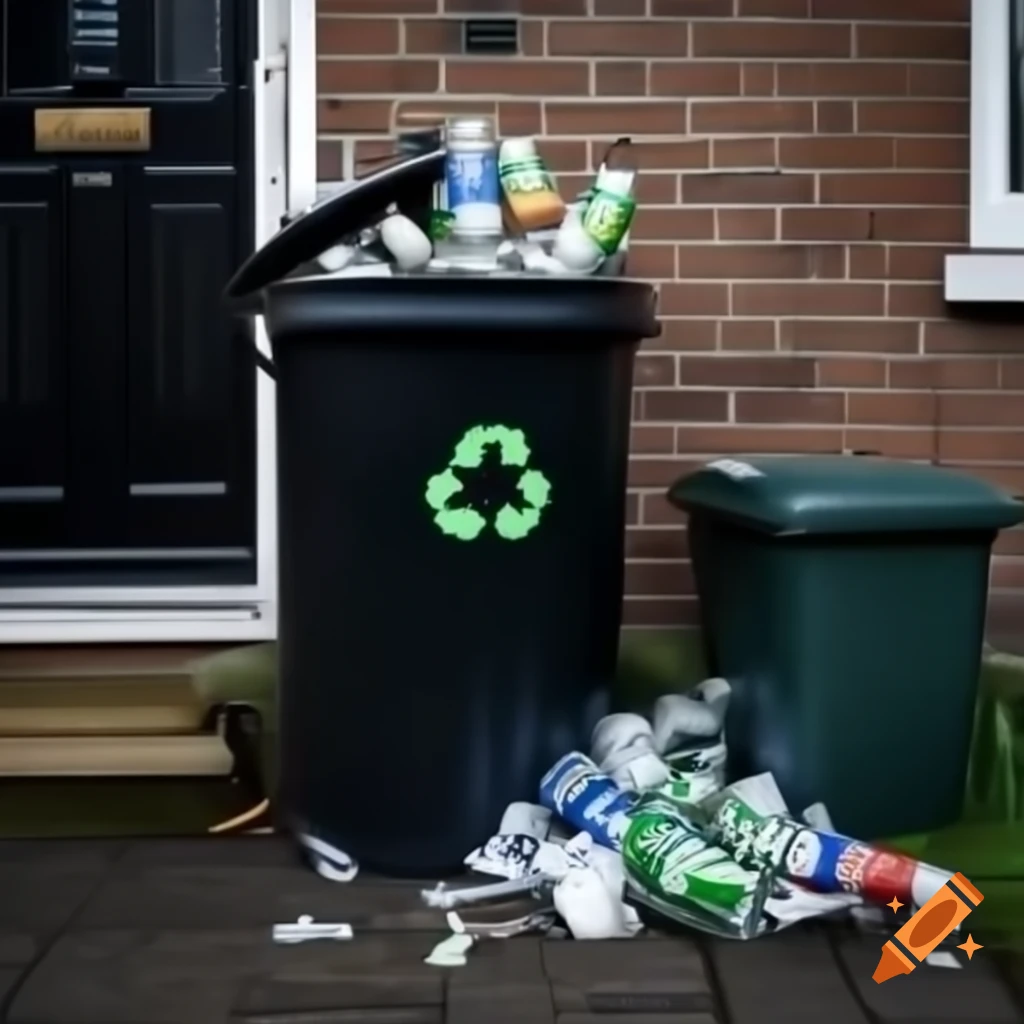 Overflowing black recycling garbage can with used beer and soda cans on ...