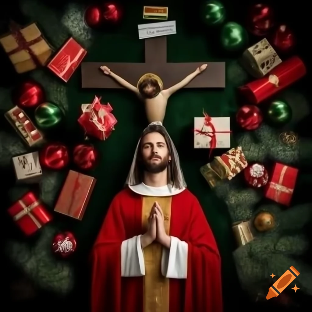 Avant-garde christmas scene with virgin mary praying and decorated tree ...