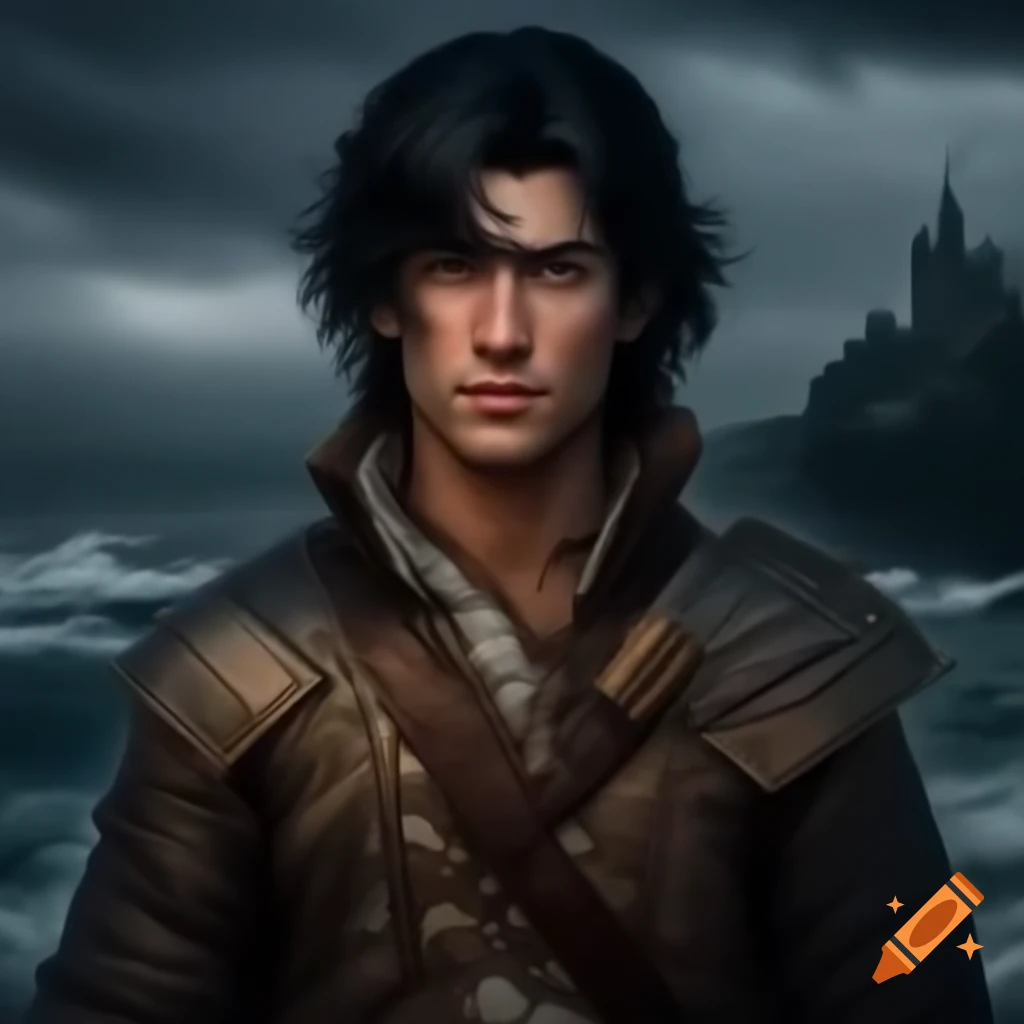 Charming prince in military uniform ready for quest by stormy castle by ...