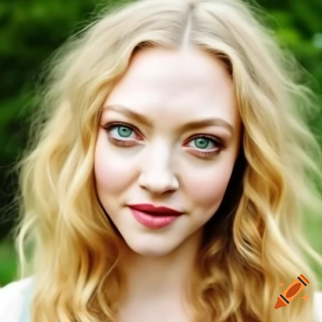 Amanda Seyfried smiling with curly blonde hair and green eyes in natural setting on Craiyon