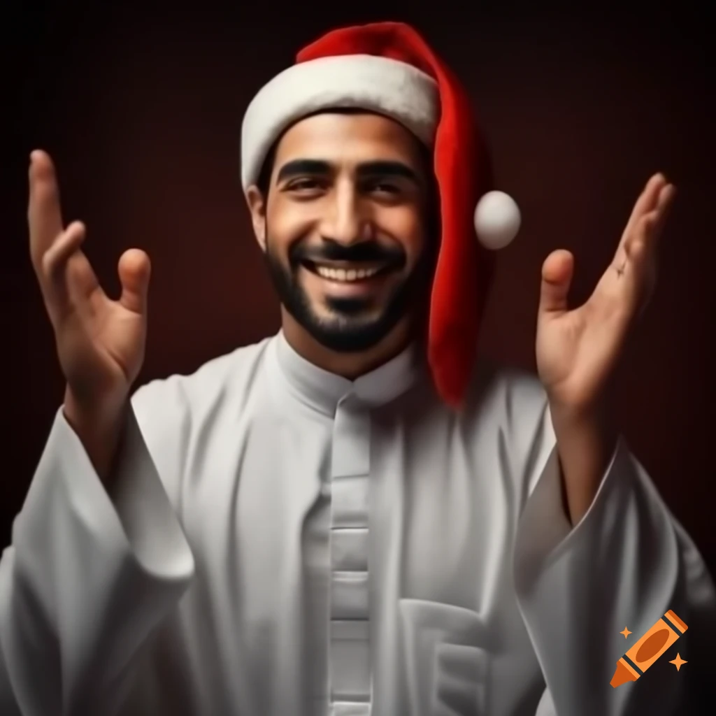 Oil portrait of smiling Arab man in traditional attire with Santa hat ...