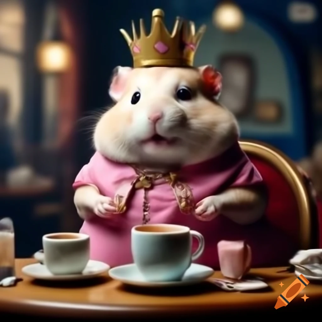 Hamster in pink princess dress painting in romantic cafe setting on Craiyon