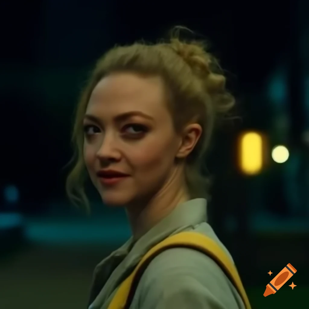Amanda Seyfried smiling at night with curly blonde hair and yellow backpack on Craiyon