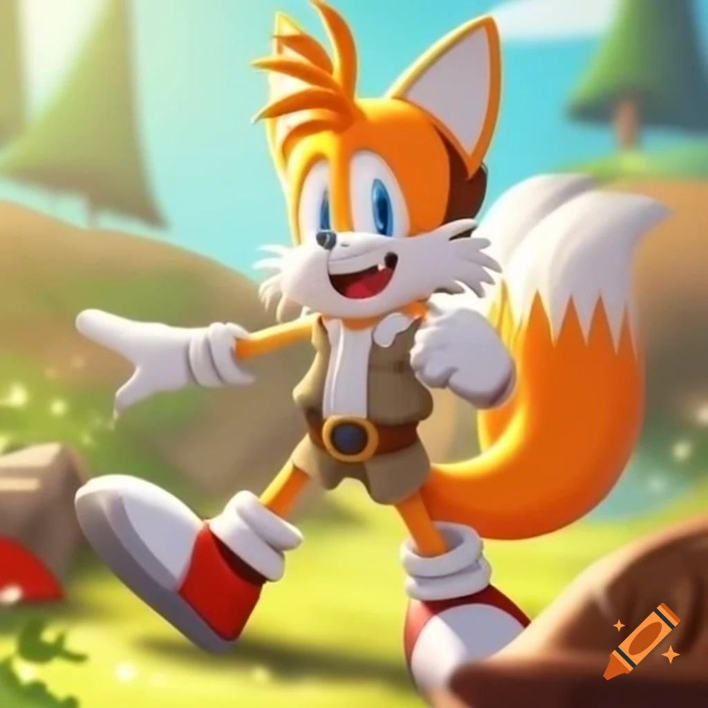 Tails the fox in beige jacket and khaki jeans enjoying a sunny outdoor ...