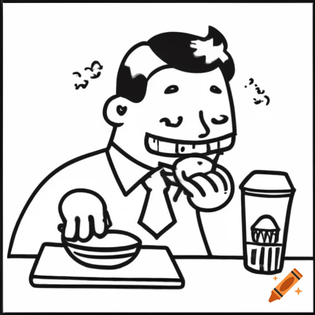 Black and white cartoon of professional enjoying snack breaks on Craiyon