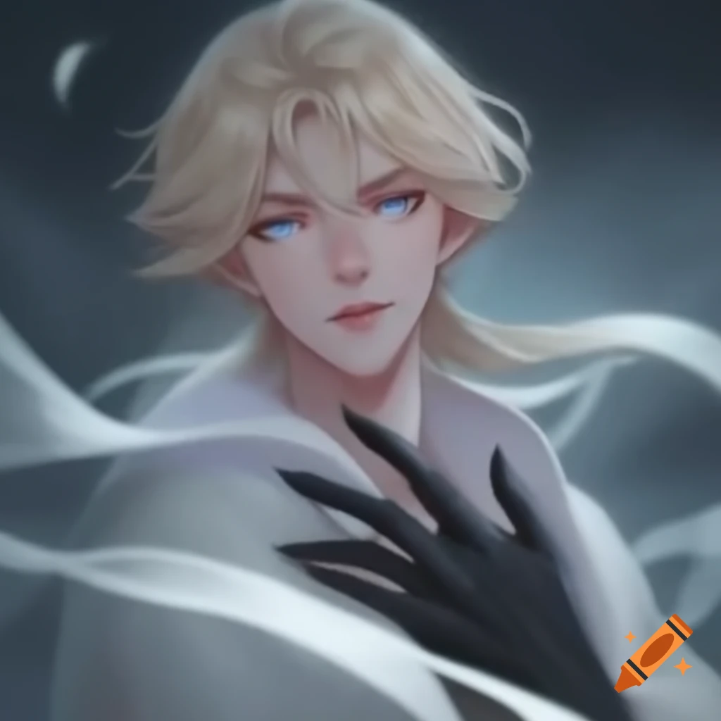 Ethereal young man with blond hair and blue eyes drifting in the air on ...