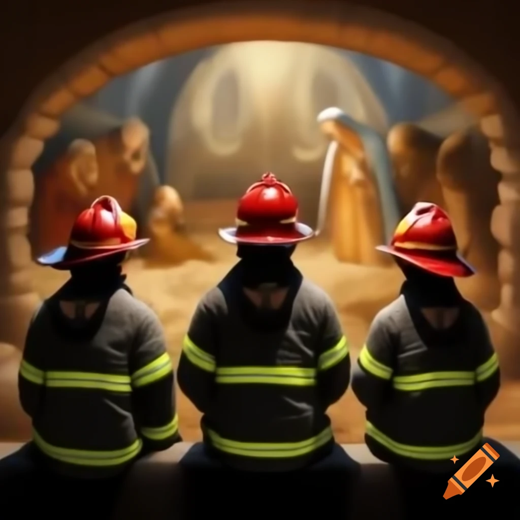 Three kings in firefighter hats observing the nativity scene on Craiyon