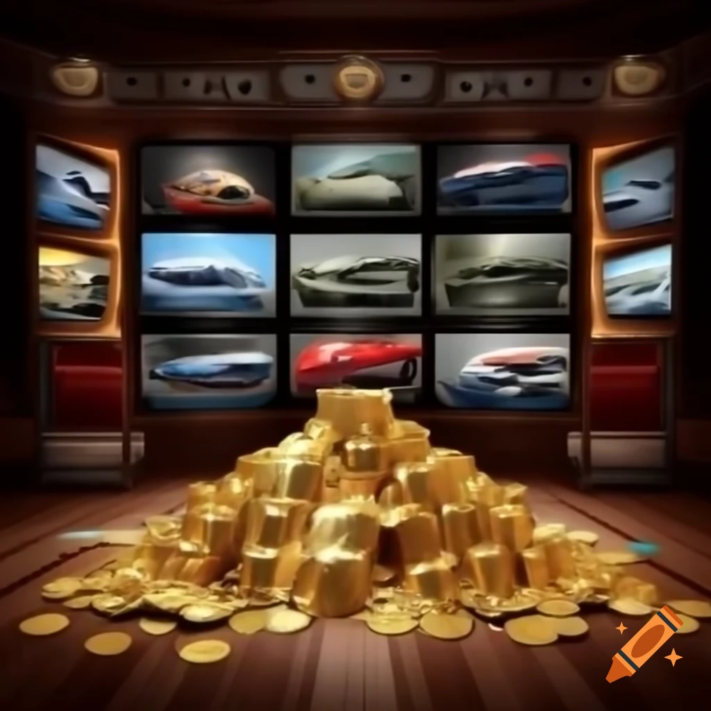 Lavish treasure-filled room with gold coins, luxury items, and opulent ...