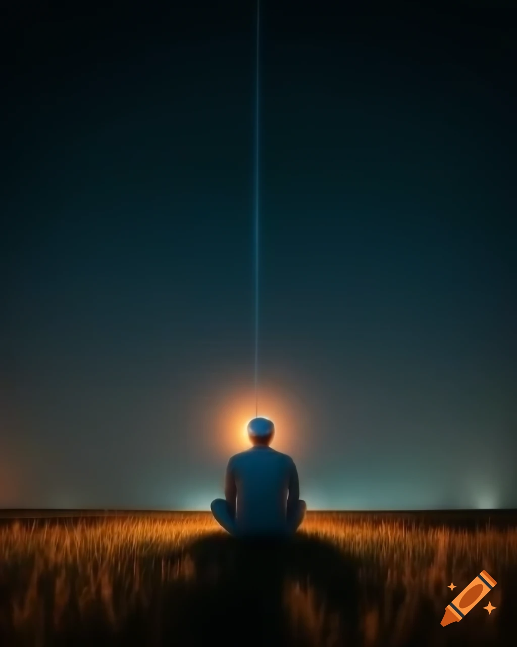 Muslim man reflecting peacefully at night in flat field with fire on ...