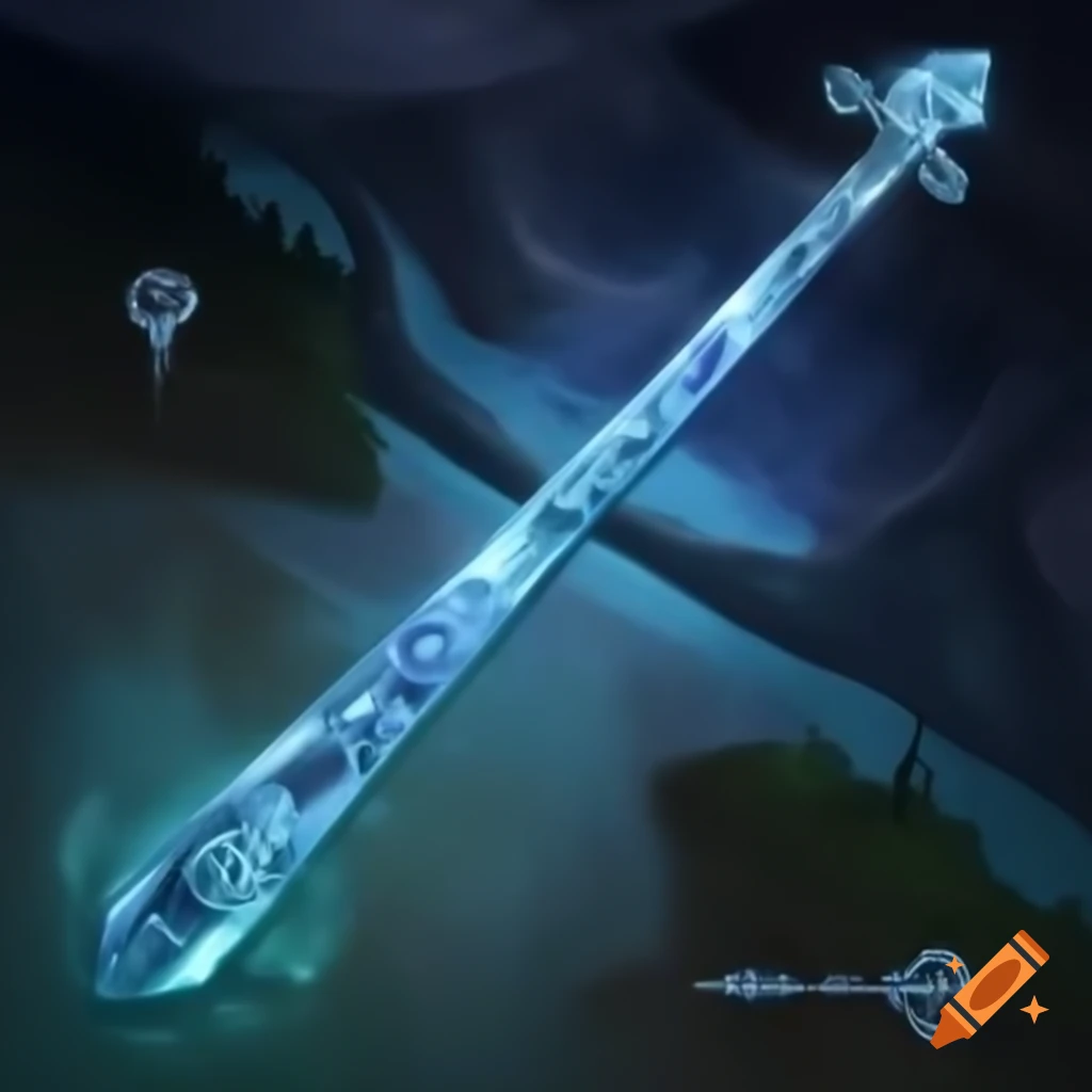Crystalline quarter staff with shimmering water and mystic runes on Craiyon