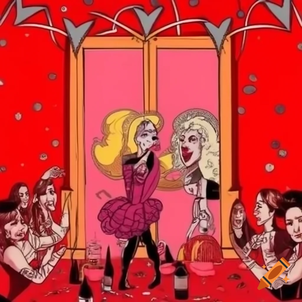 New Year's celebration with drag queens cheering in decorated room on ...