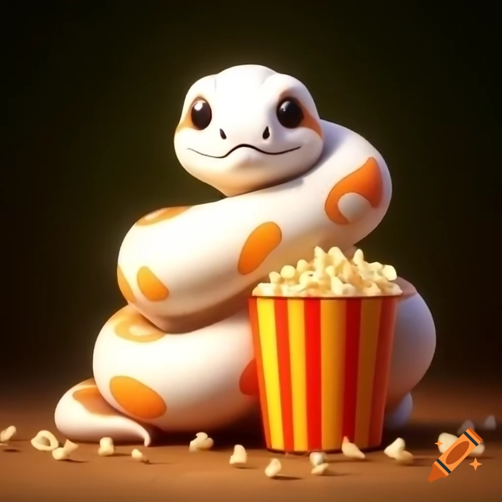 Cute white and orange ball python snake with popcorn bucket on Craiyon