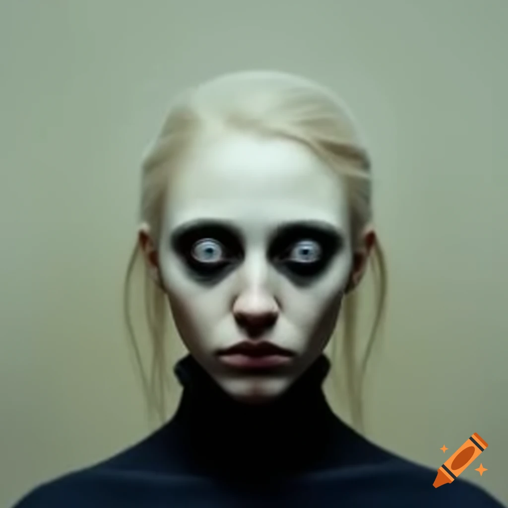 Ghostly woman's face with pale skin and hair tied back in horror ...