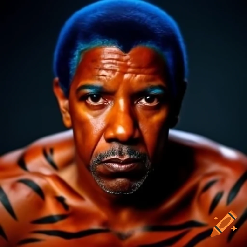 Muscular figure with tiger-style makeup featuring blue hair and orange ...