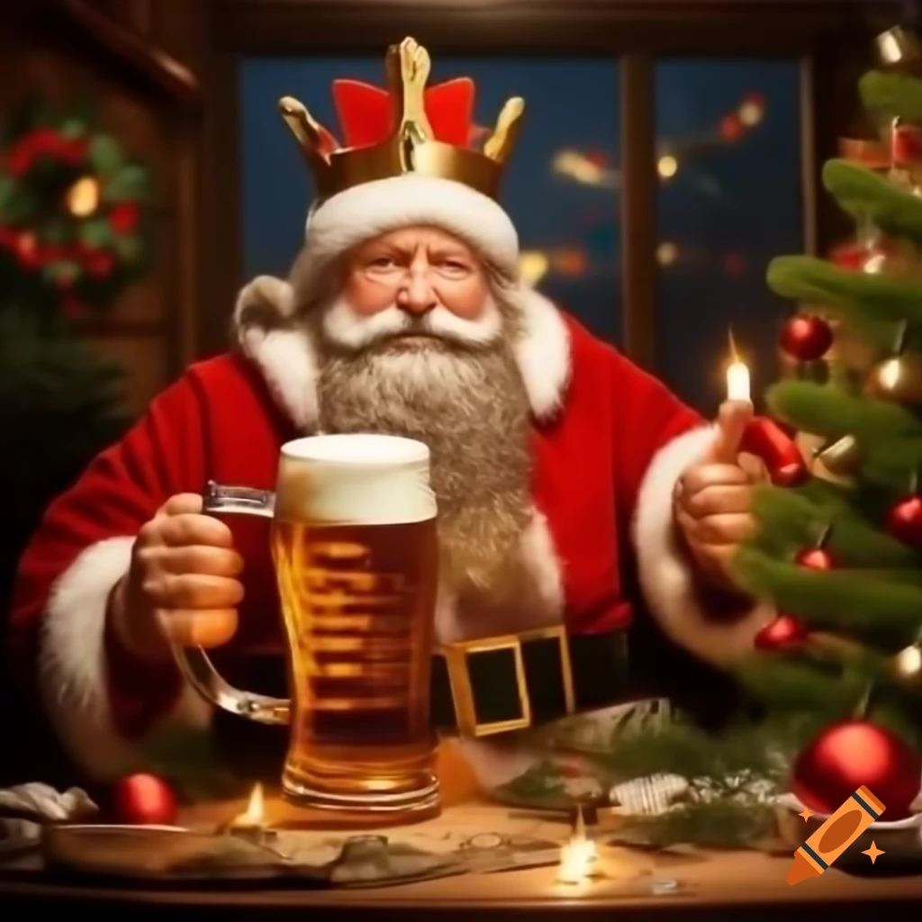 Humorous depiction of beer king delivering christmas greetings on Craiyon