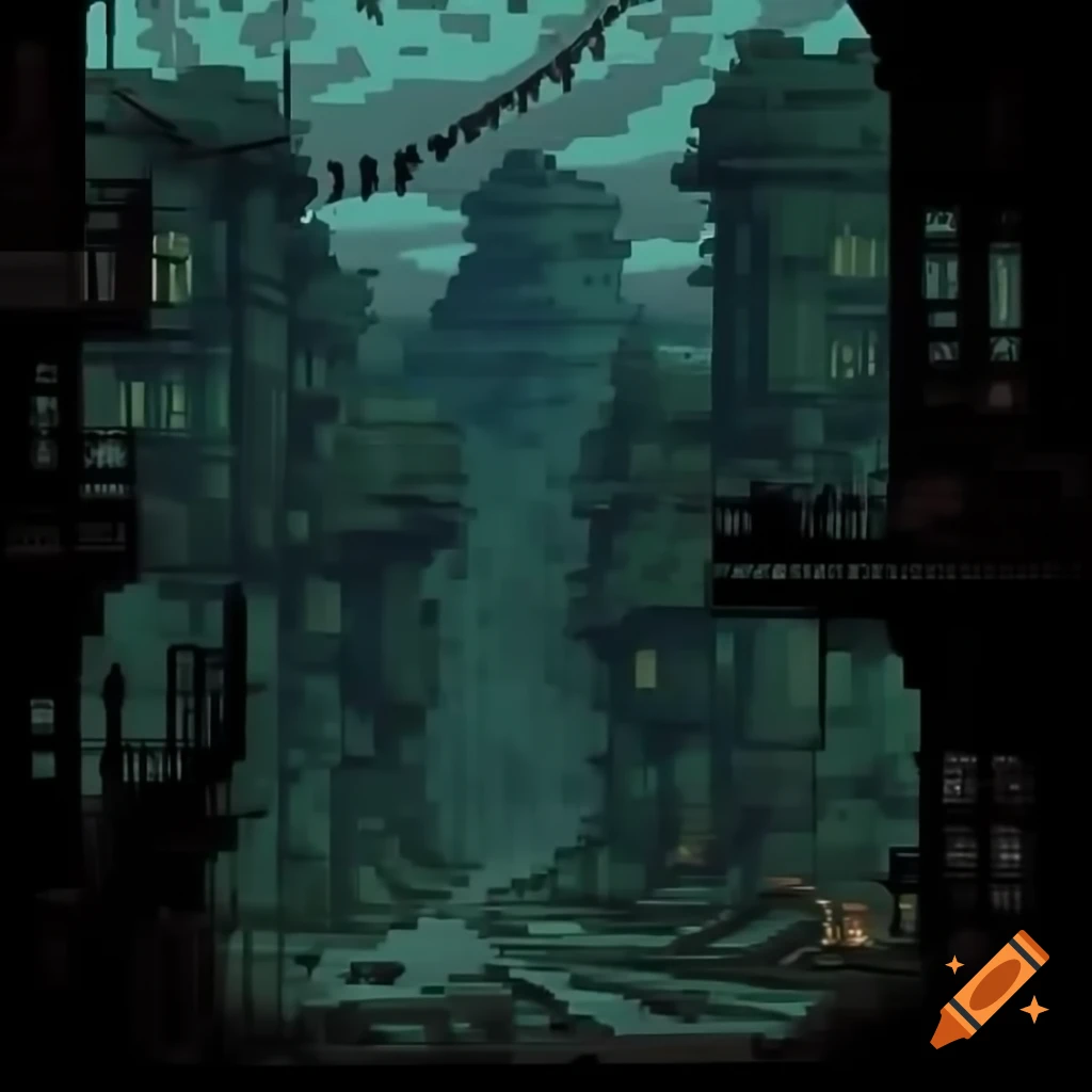 Pixel art of a cursed land with ancient buildings overgrown by vines on ...