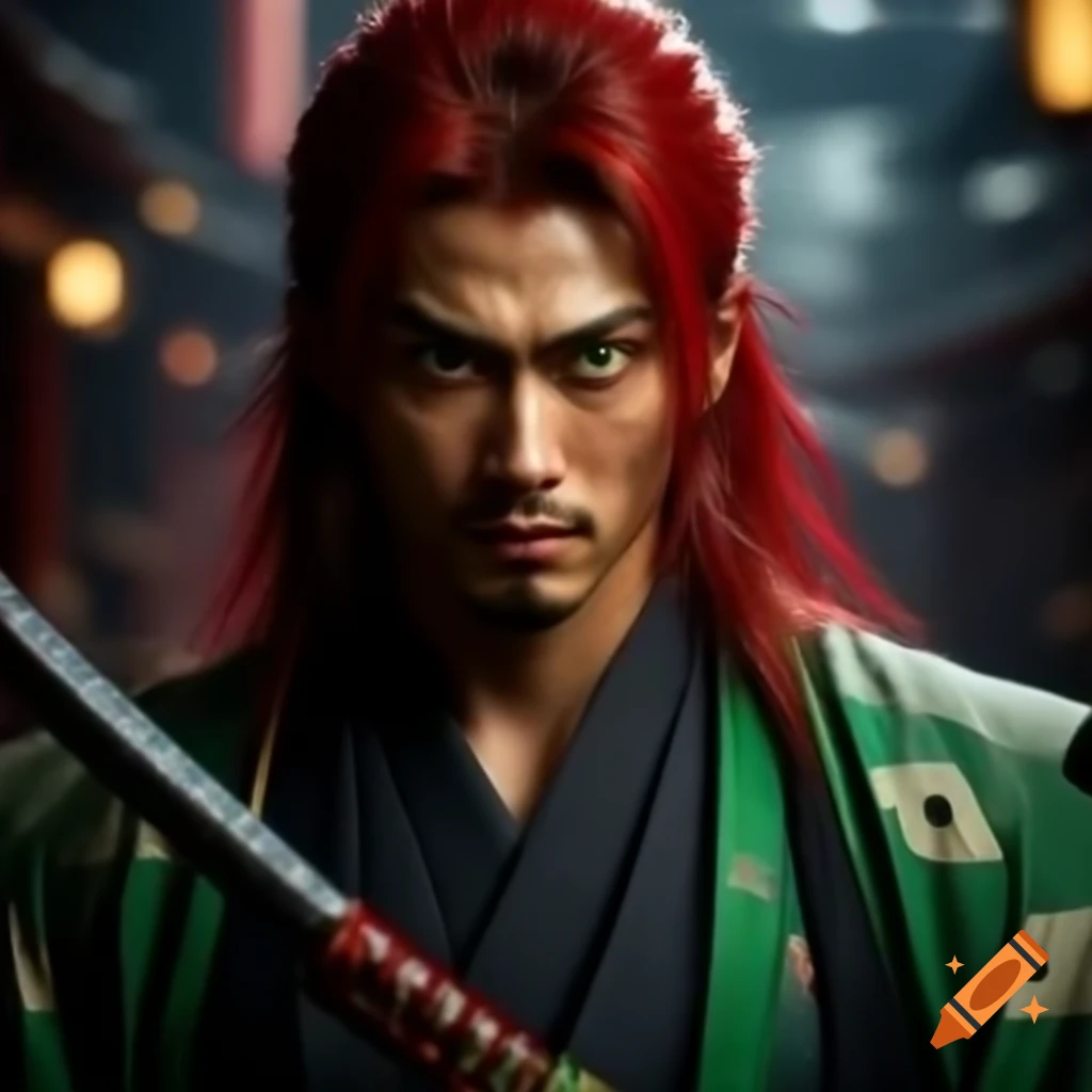 Realistic male samurai with red-haired mullet and vivid green eyes on ...