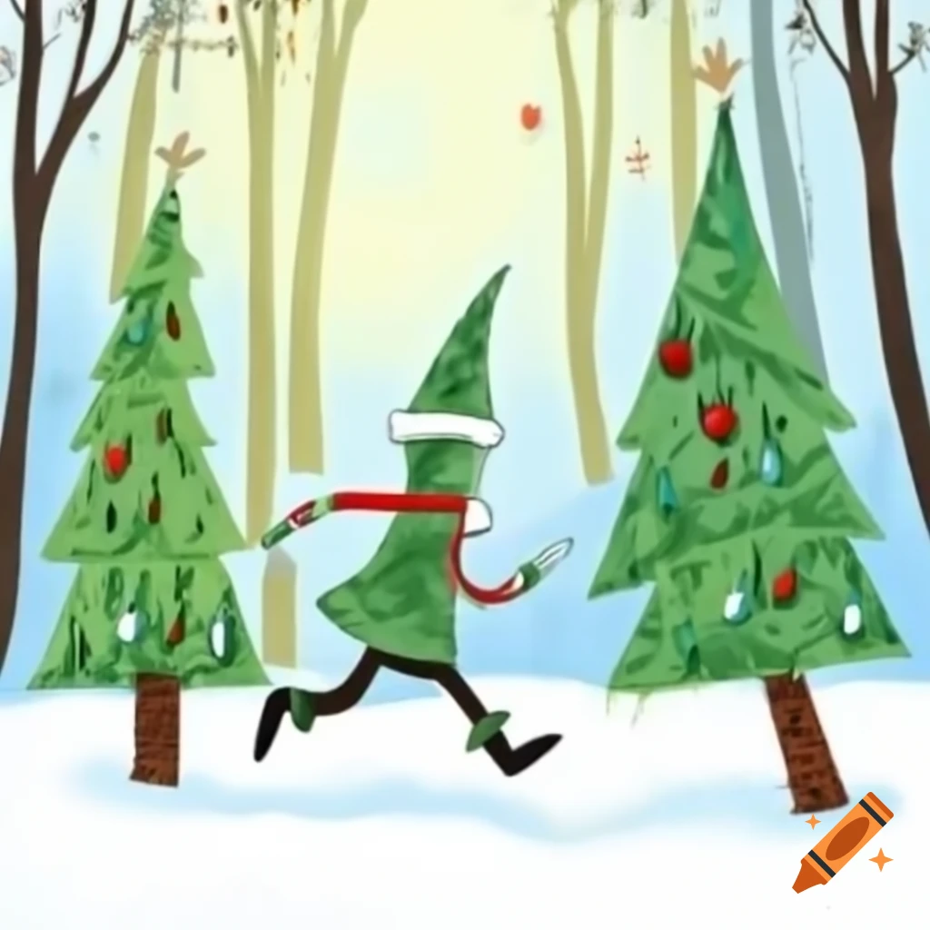 Comic scene of two Christmas trees running through a scenic winter ...