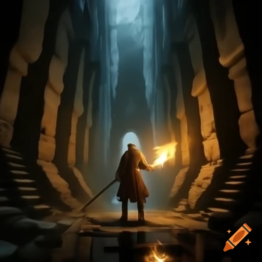 Adventurer exploring shadowy depths with torch amidst ancient stone ...