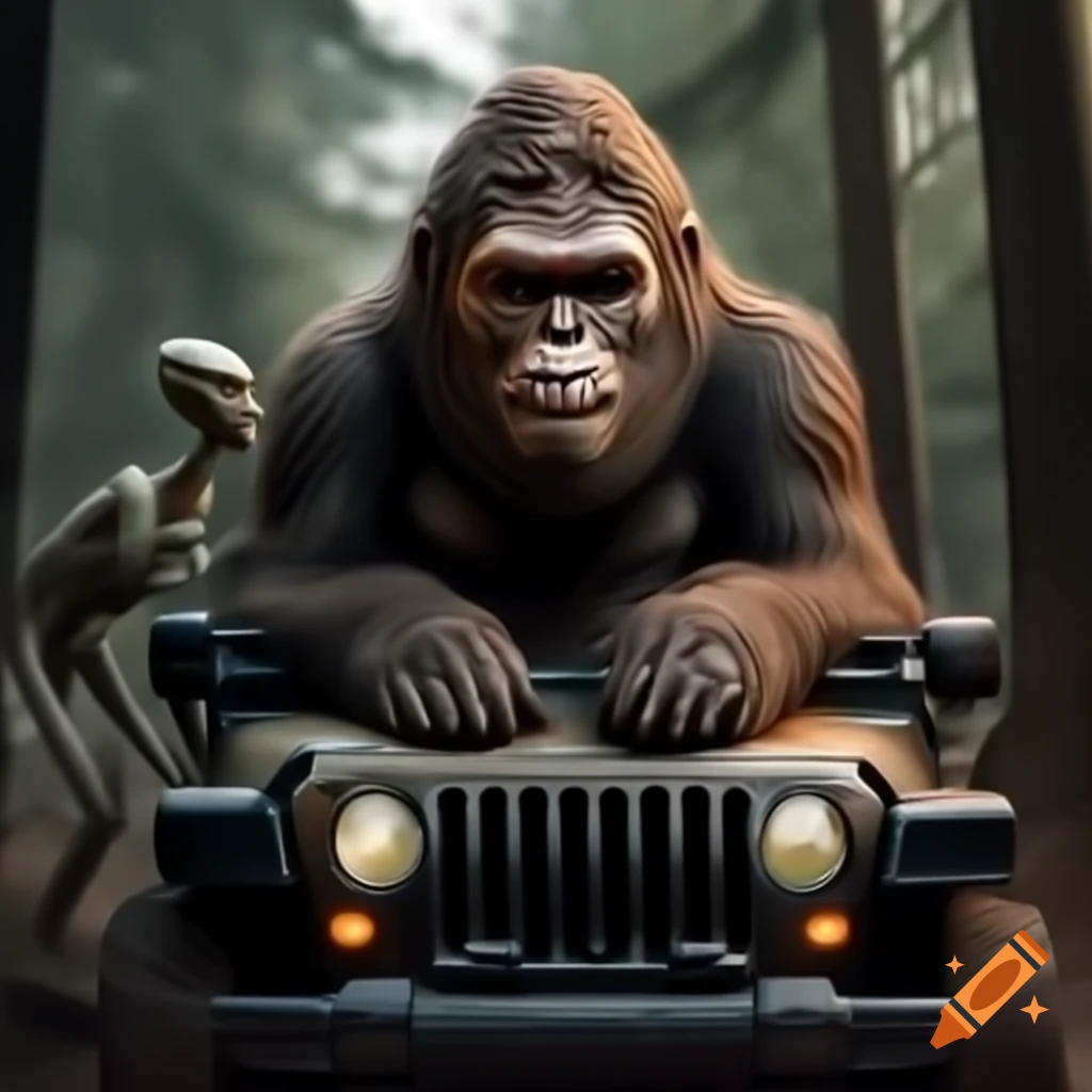 Bigfoot and alien driving a Jeep in the woods on Craiyon