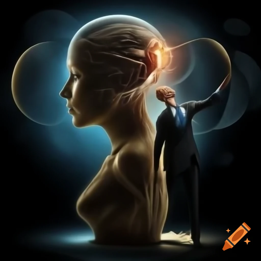 Sleek gold neural head representing AI observing human figure in ...