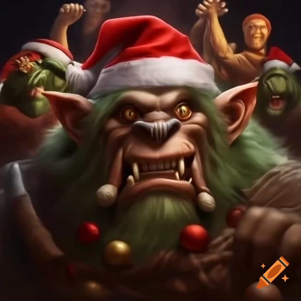 Fierce warrior blend of human and troll wearing a festive santa hat on ...