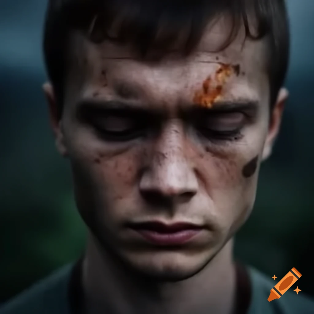 Young russian male model with tears reflecting flame light, apocalyptic ...