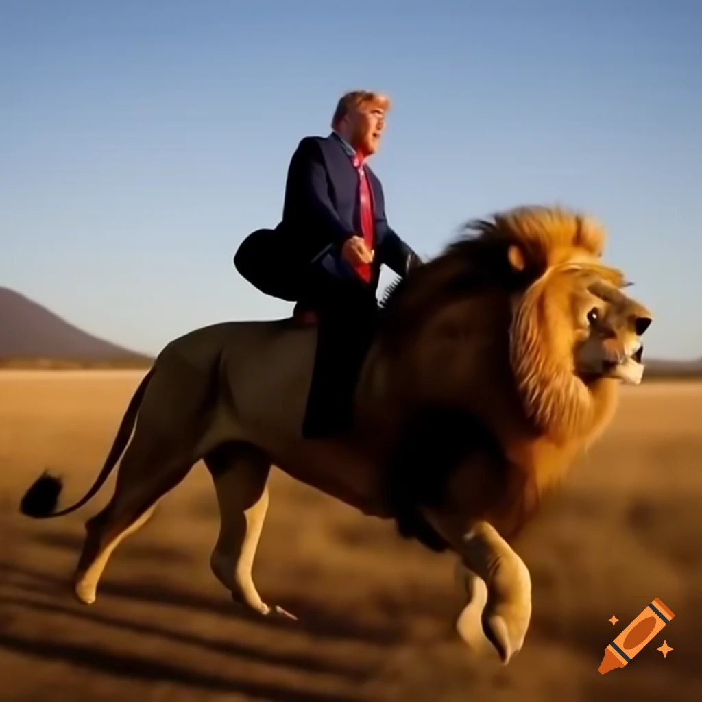 Donald Trump riding a lion in a whimsical scene on Craiyon
