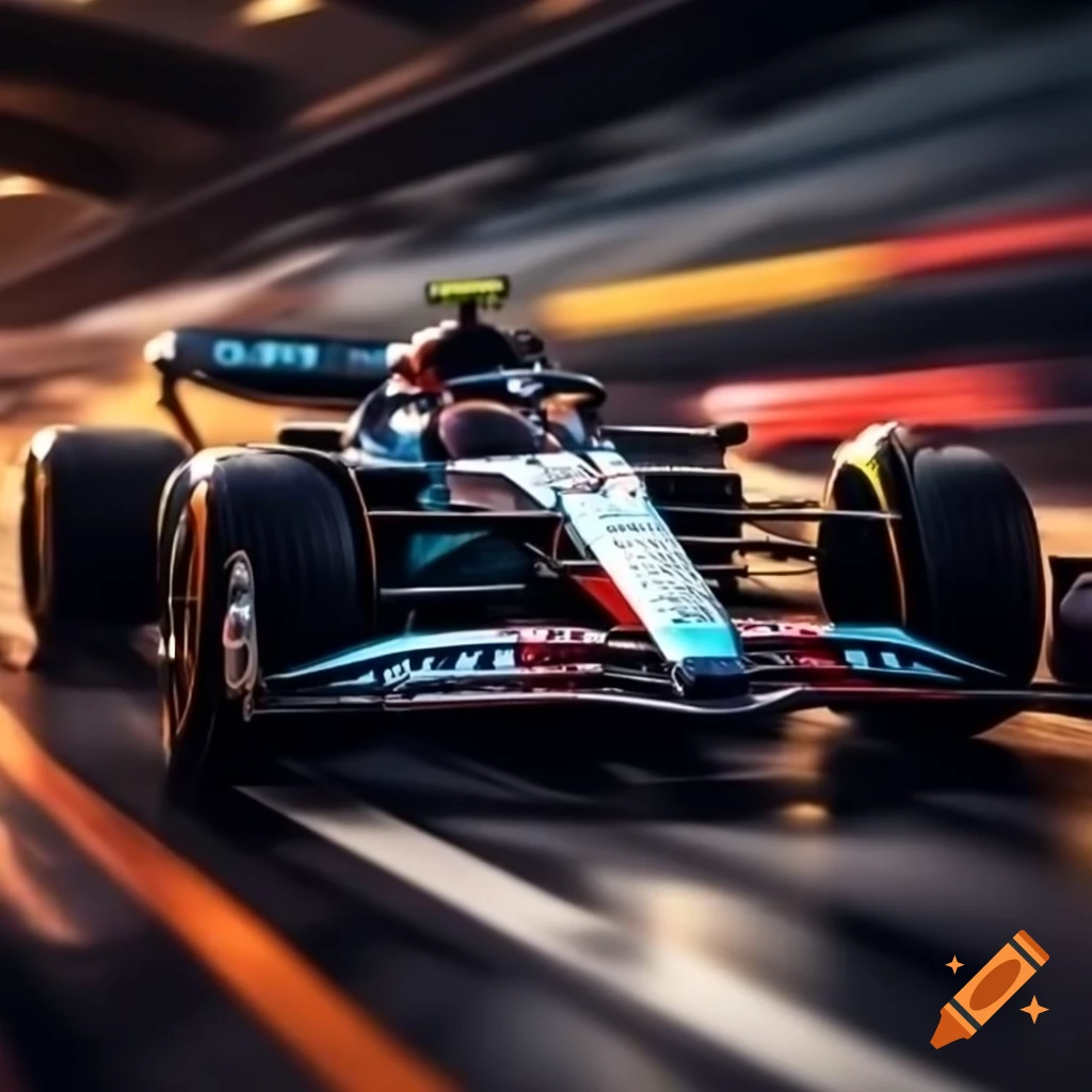 F1 car racing at high speed in dynamic motion on Craiyon