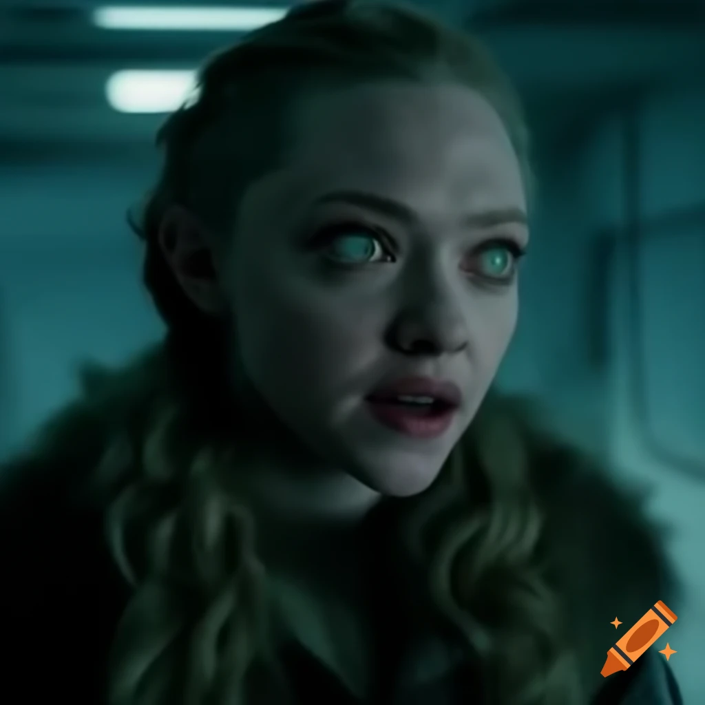 Amanda Seyfried with curly ponytail and green eyes in a cold basement on Craiyon