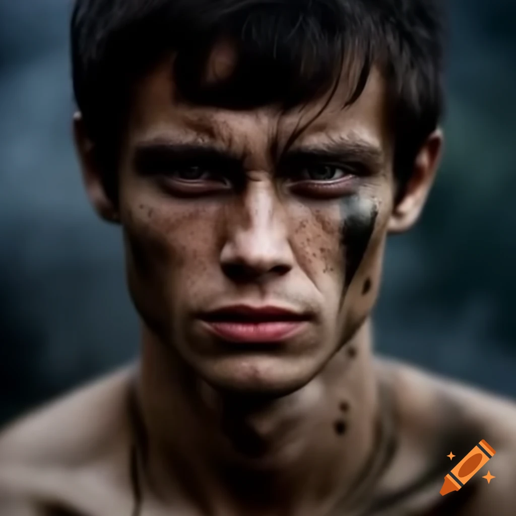 Young russian male model with reflective skin, crying amidst ...