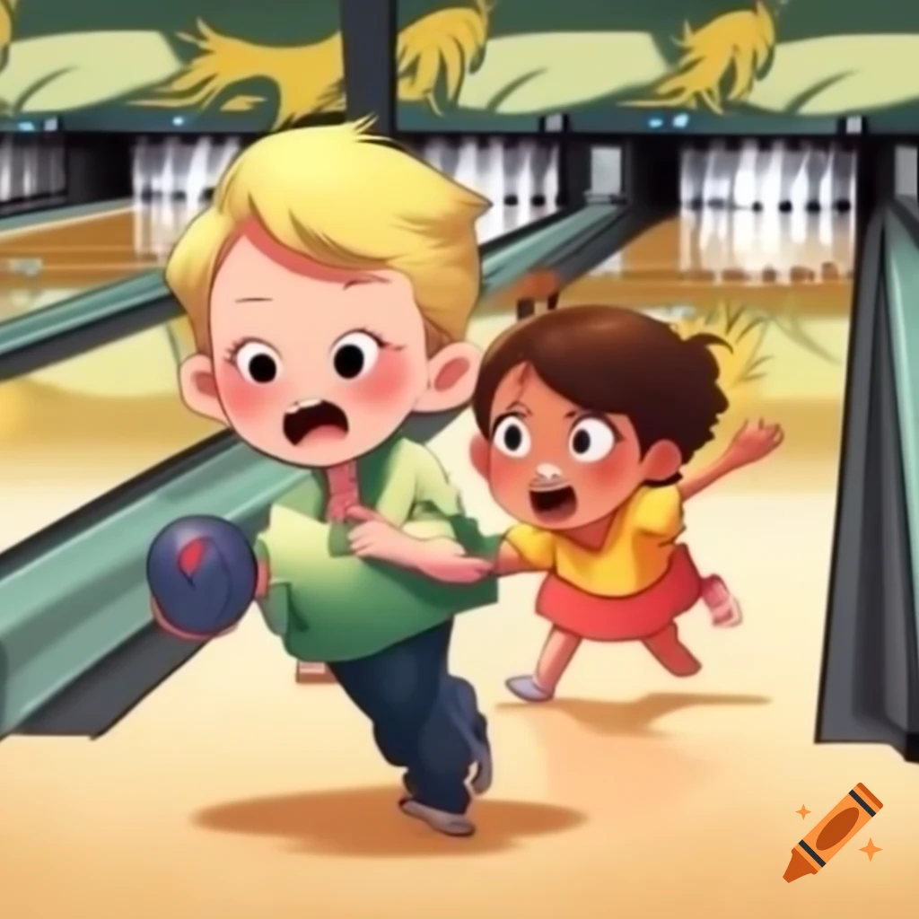 Comic-style art of siblings bowling, sister celebrating a strike on Craiyon