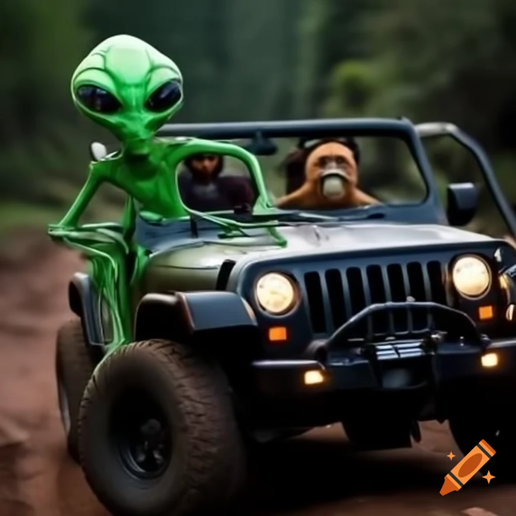 Green space alien and black Bigfoot riding in jeep off-road on Craiyon