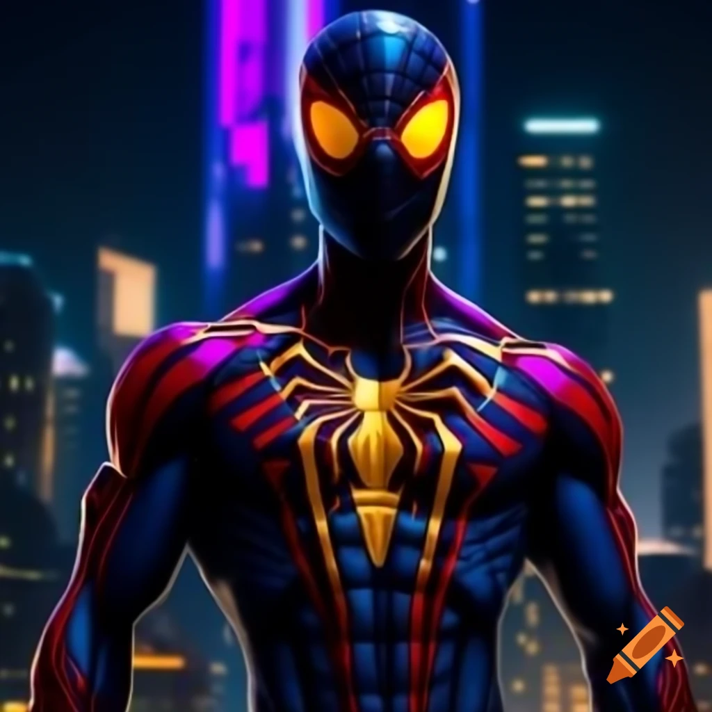 Spiderman fused with mind stone in vibrant 2d animation, wearing ...