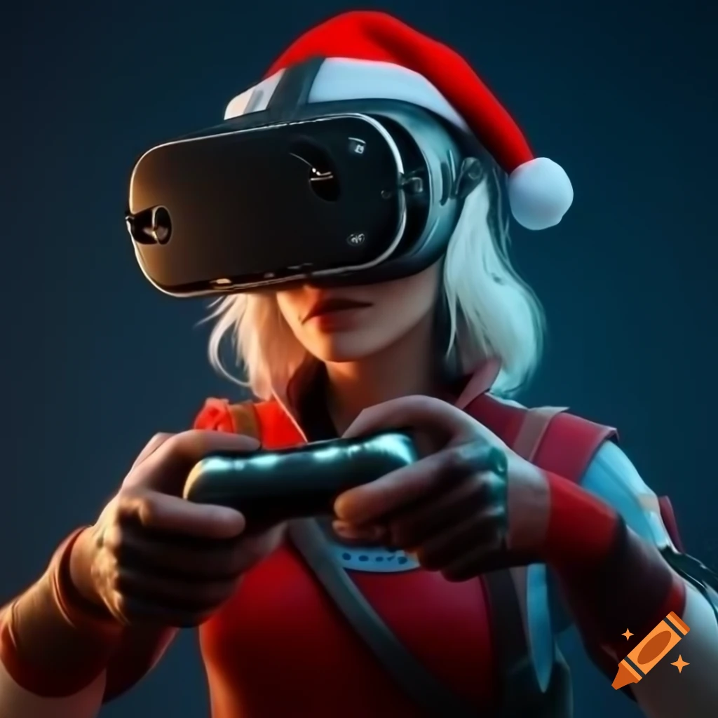 Cyberpunk version of Ciri wearing VR headset and Santa hat, navigating ...