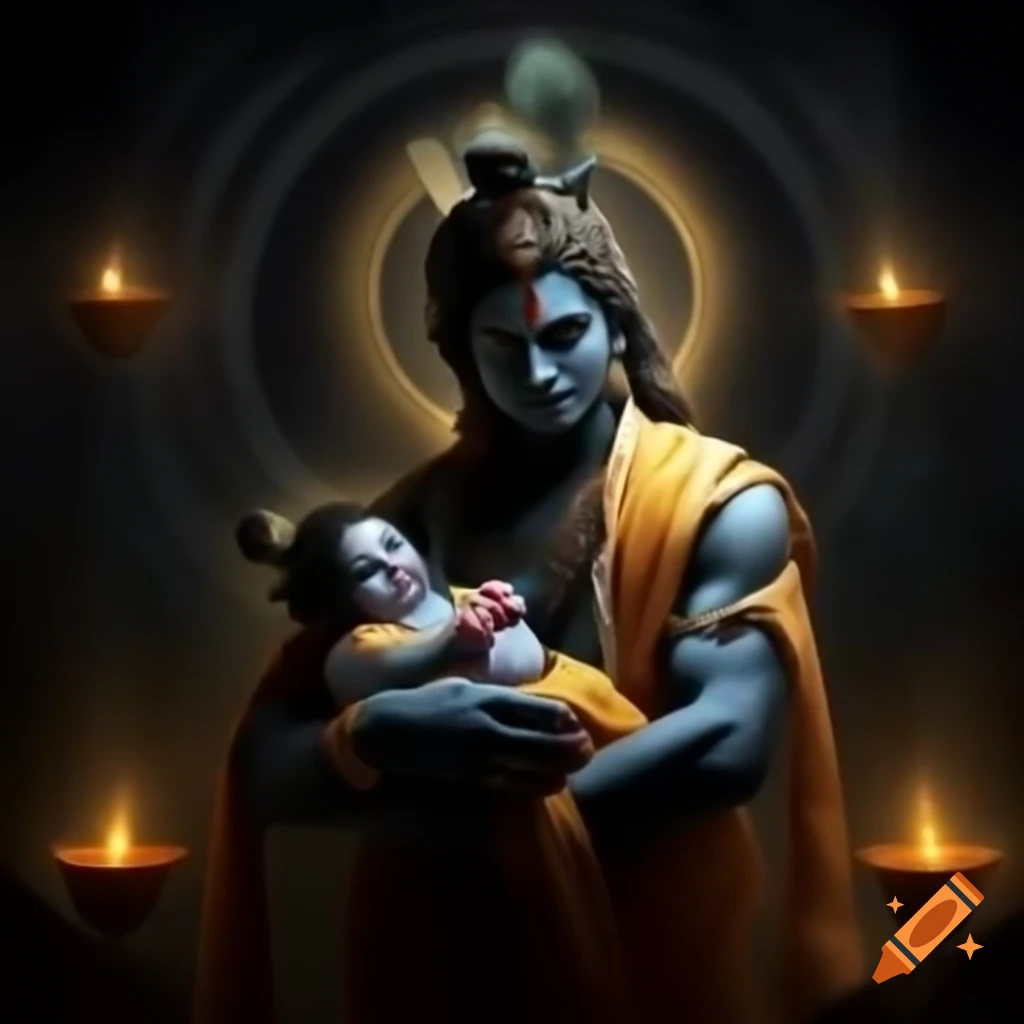Devaki holding newborn Krishna in dark prison with celestial light on ...